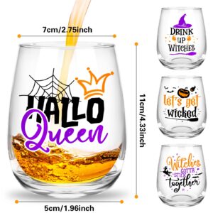 4 Pack Stemless Wine Glasses for Halloween, 15 Oz Funny Drinking Glasses Halloween Witch Cup Wine Glass Tumbler for Halloween Party Housewarming Gift Suitable Whiskey Cocktail Tea Water Juice