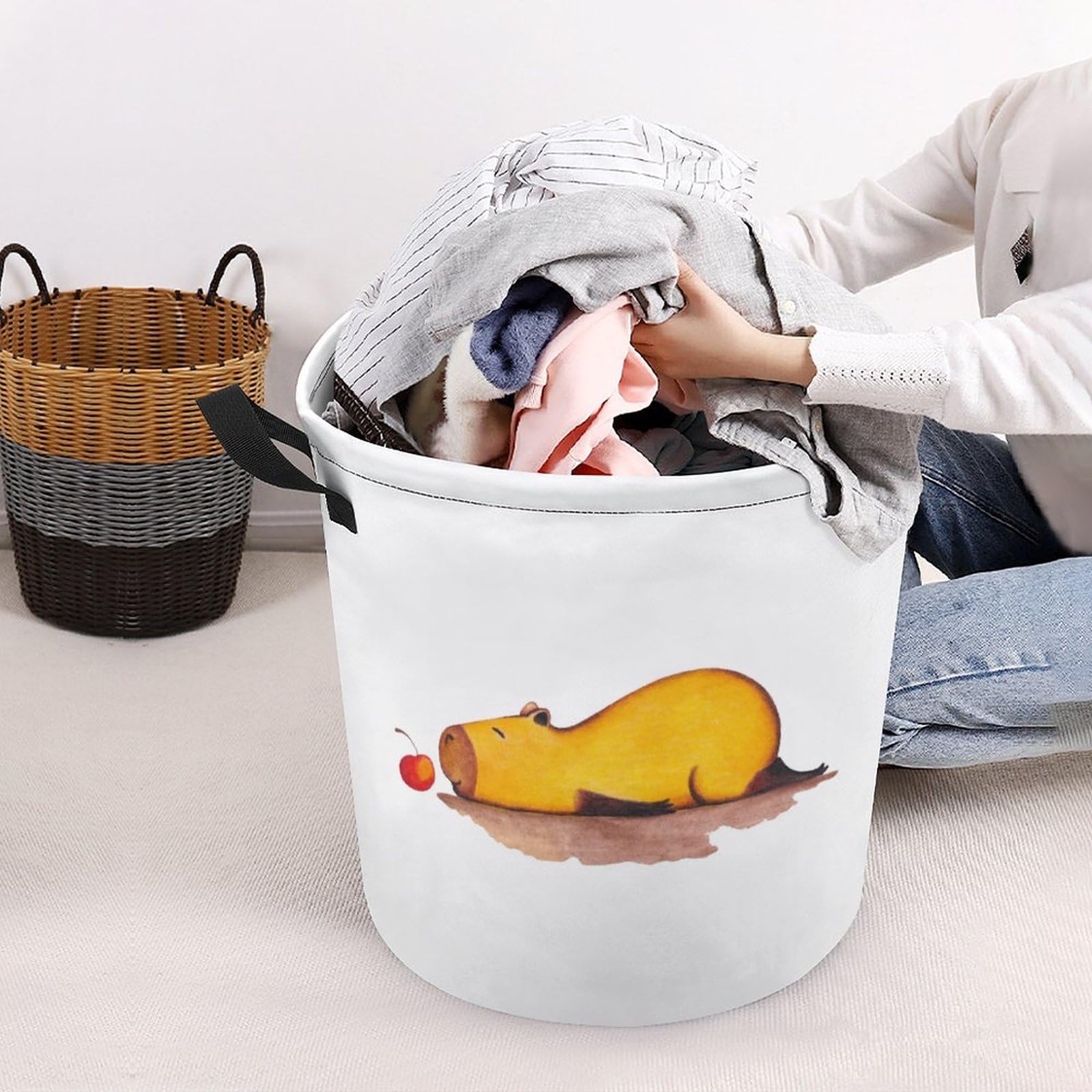 FISNAE Cute Cartoon Yellow Capybara Waterproof Laundry Basket, Foldable Storage Basket Nursery Hamper,laundry Hampers with Handle for Children's Room And Toy Storage