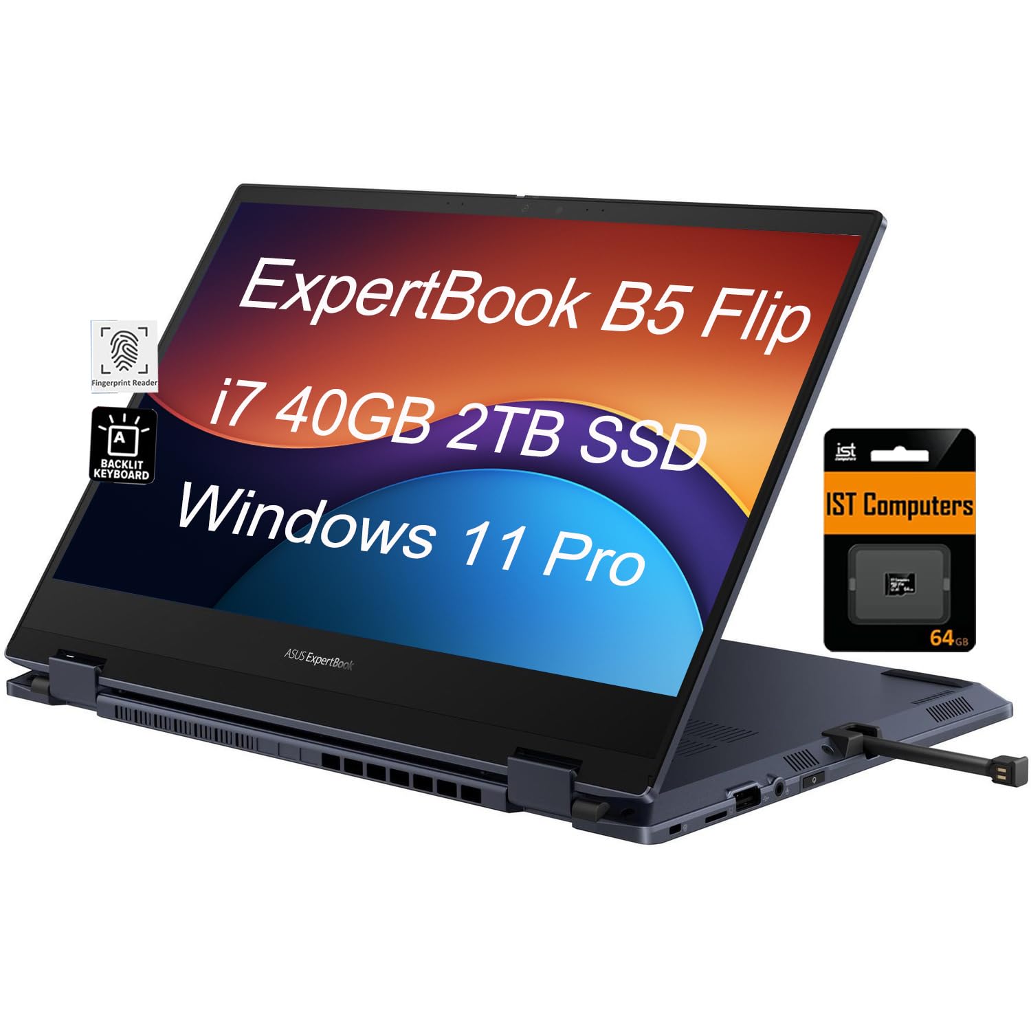 ASUS ExpertBook B5 Flip 2-in-1 Laptop (14" FHD Touchscreen, Intel 4-Core i7-1195G7, 40GB RAM, 2TB SSD) Fingerprint, Backlit KB, Webcam, 3-Year Warranty, Garaged Stylus, IST SD Card, Win 11 Pro, Black