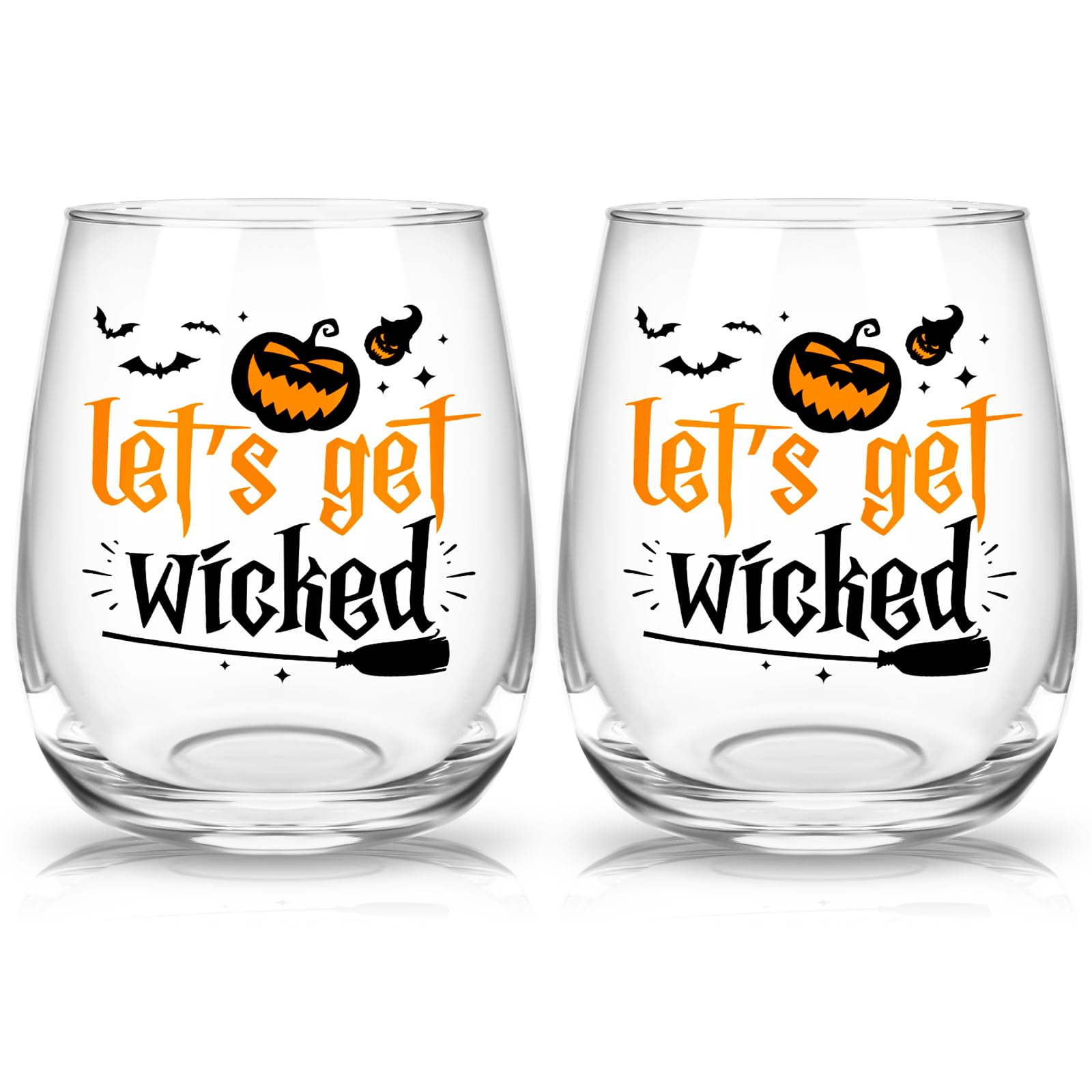 2 Pack Halloween Stemless Wine Glasses 15 Oz Pumpkin Drinking Wine Glass Cups Let's Get Wicked Wine Glass Tumbler for Halloween Party Whiskey Cocktail Tea Water Juice (LET'S GET WICKED)