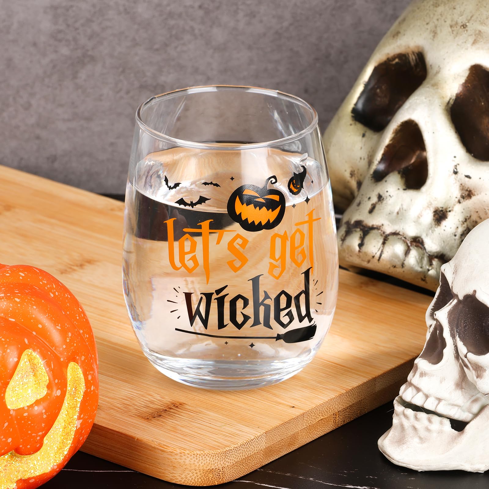 2 Pack Halloween Stemless Wine Glasses 15 Oz Pumpkin Drinking Wine Glass Cups Let's Get Wicked Wine Glass Tumbler for Halloween Party Whiskey Cocktail Tea Water Juice (LET'S GET WICKED)