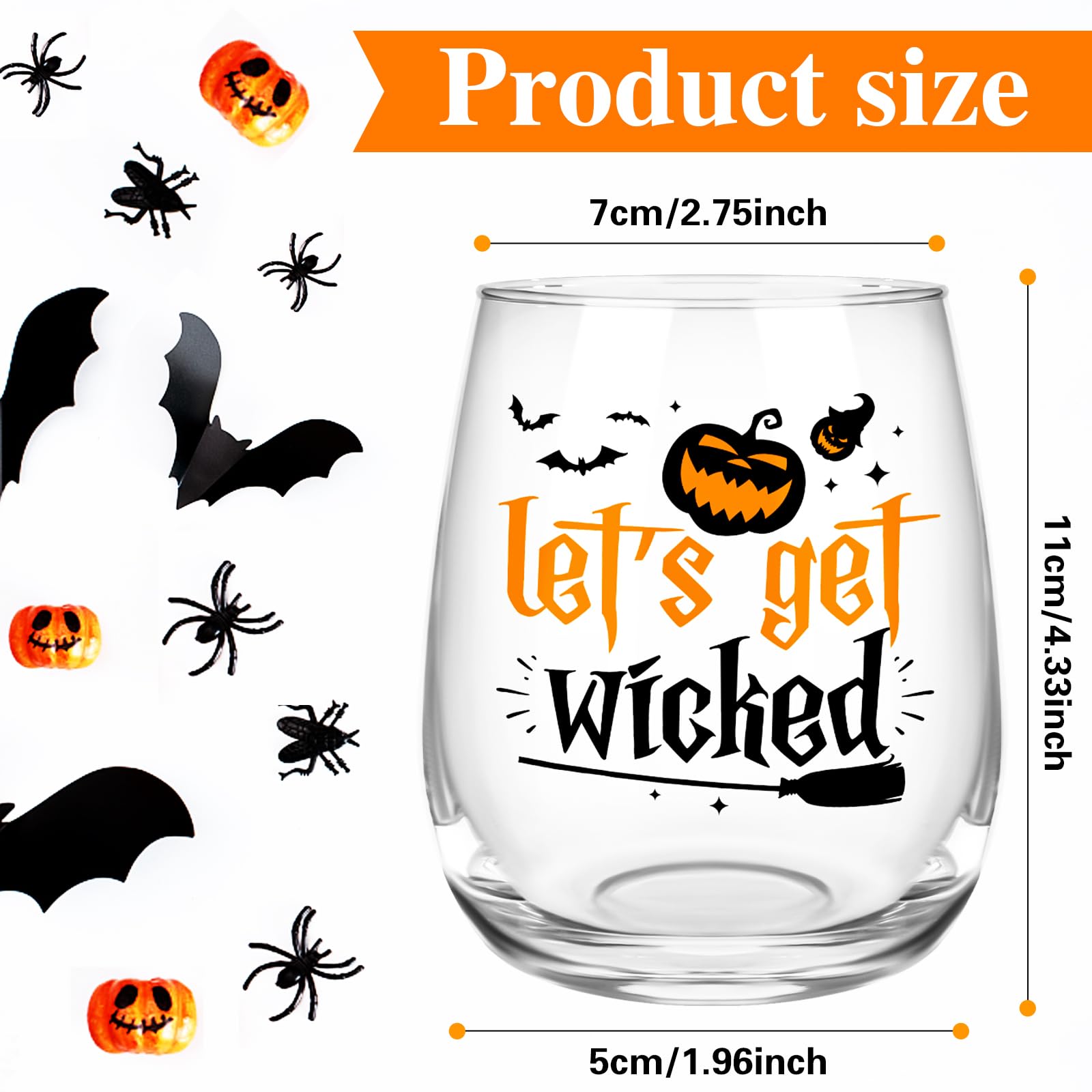 2 Pack Halloween Stemless Wine Glasses 15 Oz Pumpkin Drinking Wine Glass Cups Let's Get Wicked Wine Glass Tumbler for Halloween Party Whiskey Cocktail Tea Water Juice (LET'S GET WICKED)