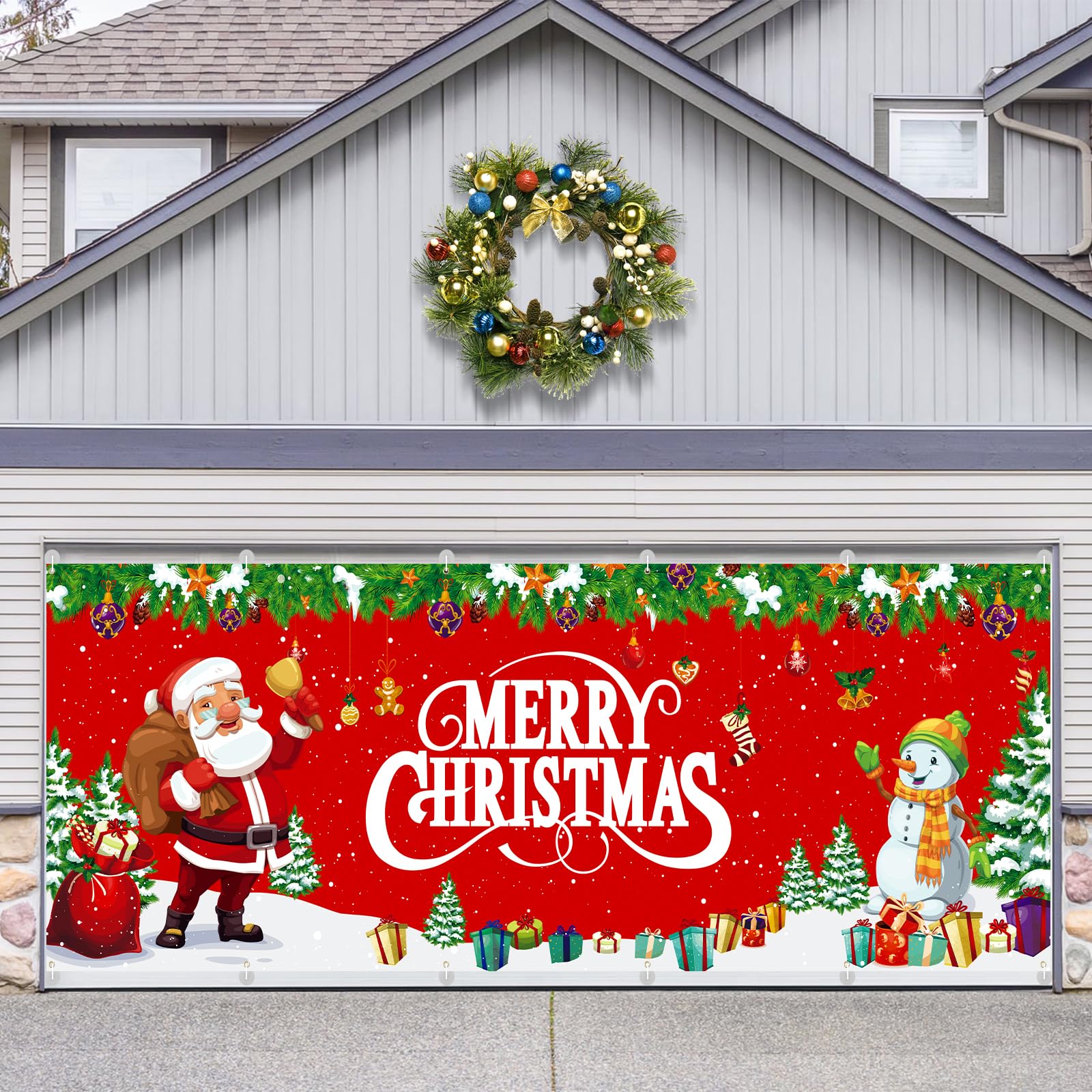 Arosche Extra Large Christmas Garage Door Cover 6 * 16Ft Christmas Garage Door Decorations Xmas Santa Claus Snowman Background Party Supplies for Garage Door Cover, Phoyography, Party Decor