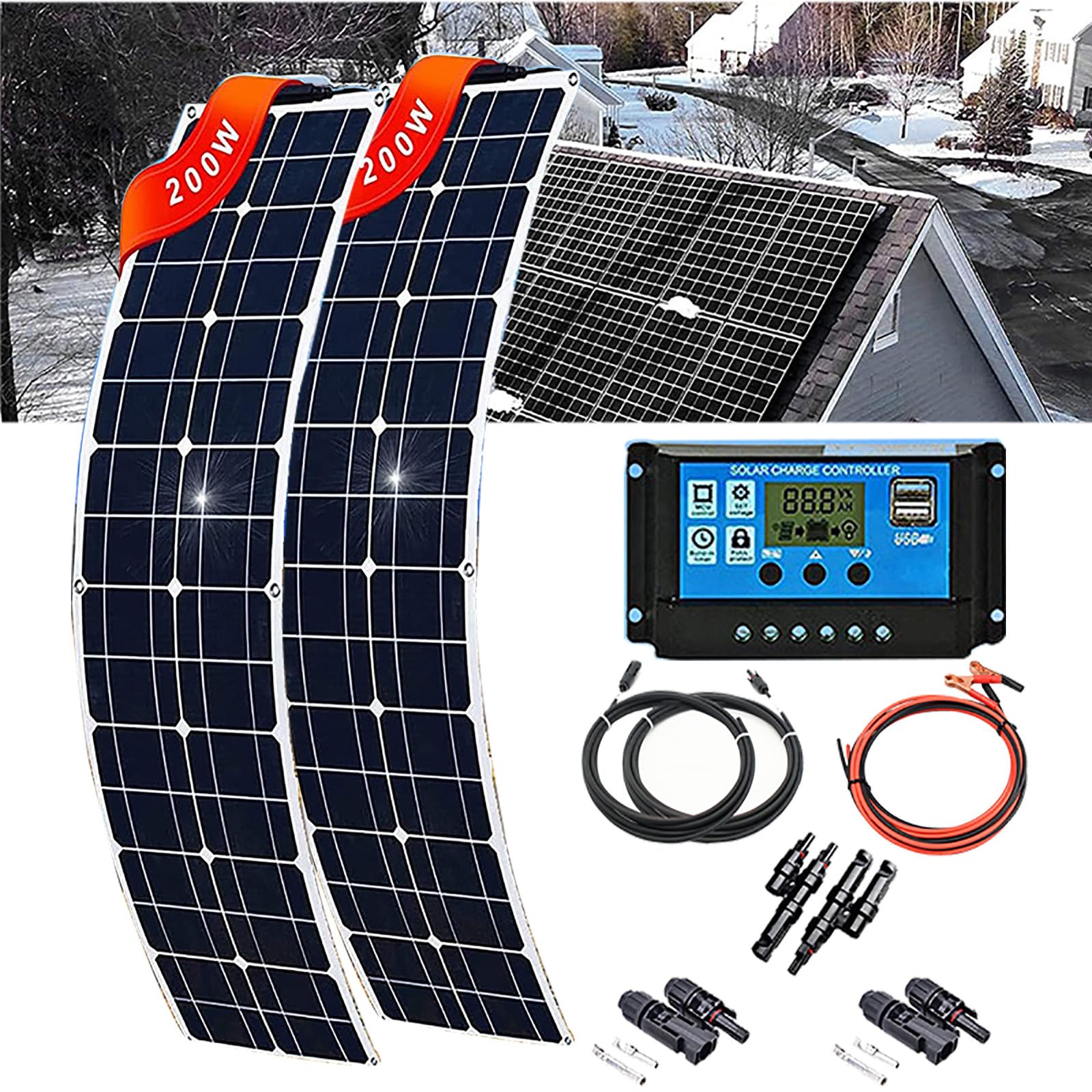 400w Monocrystalline Solar Panel(18v 2x200w), 40a Controller/Flexible Solar System Kit, Semi-Flexible Solar Panel(30°), For Rvs,Boat,Caravan