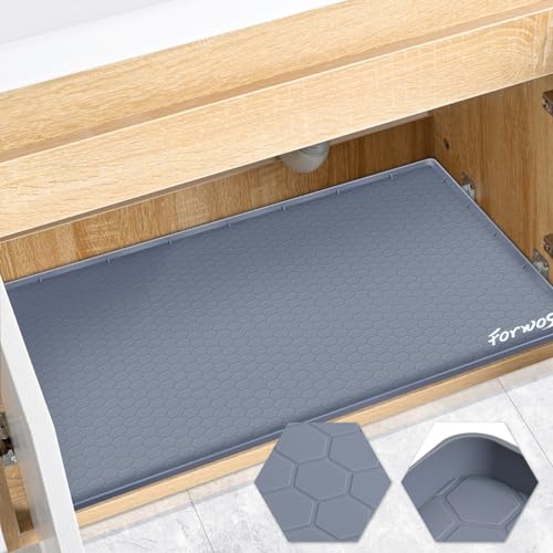 FORWOS Under Sink Mat, 34" x 22" Silicone Mats for Kitchen Waterproof, Under Sink Cabinet Organizers and Storage, Sink and Cabinet Protector, Under Sink Tray for Bathroom (Grey)