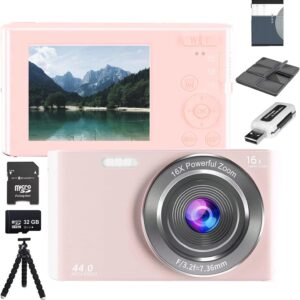 eDealz 44MP Digital Camera Compact Point & Shoot Camera, 16X Zoom, 32GB SD Card, Card Reader 6" Tripod and 6PC Card Holder Kids Camera 2.4" Screen, Vlogging Camera for Teens, Kids, Adults (Pink)