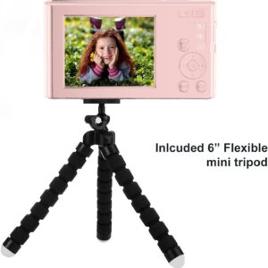 eDealz 44MP Digital Camera Compact Point & Shoot Camera, 16X Zoom, 32GB SD Card, Card Reader 6" Tripod and 6PC Card Holder Kids Camera 2.4" Screen, Vlogging Camera for Teens, Kids, Adults (Pink)