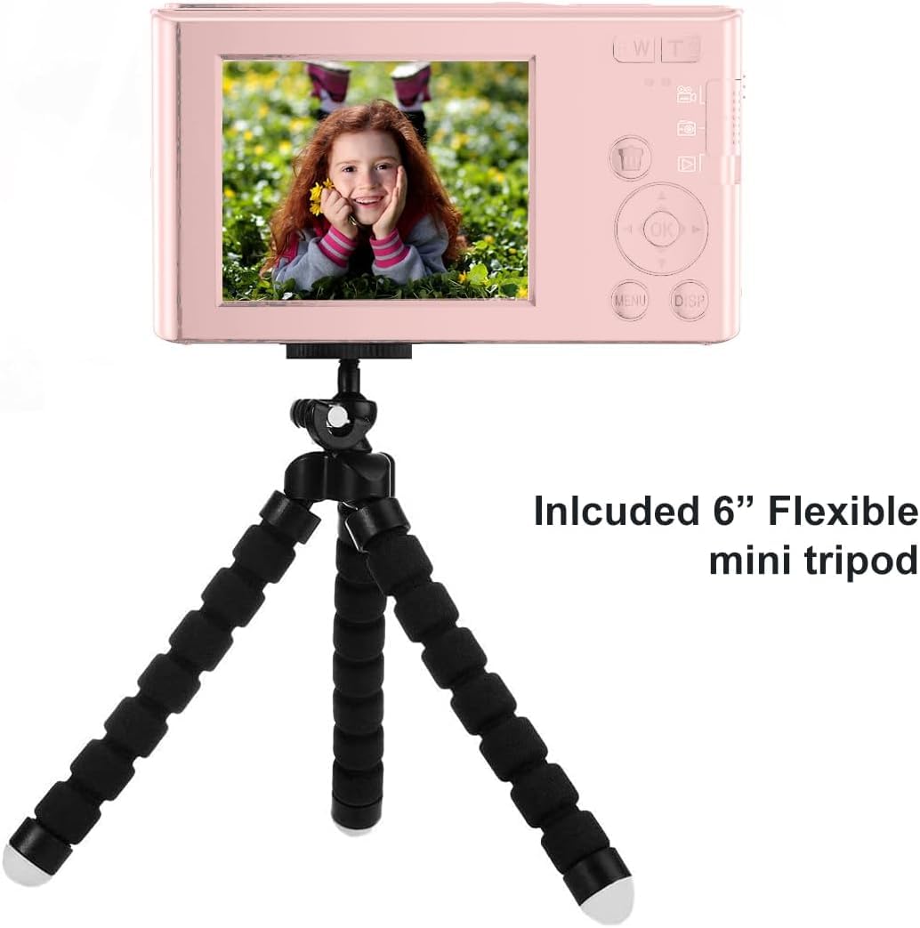 eDealz 44MP Digital Camera Compact Point & Shoot Camera, 16X Zoom, 32GB SD Card, Card Reader 6" Tripod and 6PC Card Holder Kids Camera 2.4" Screen, Vlogging Camera for Teens, Kids, Adults (Pink)