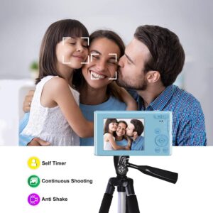 eDealz 44MP Digital Camera Compact Point & Shoot Camera, 16X Zoom, 32GB SD Card, Card Reader 6" Tripod and 6PC Card Holder Kids Camera 2.4" Screen, Vlogging Camera for Teens, Kids, Adults (Blue)