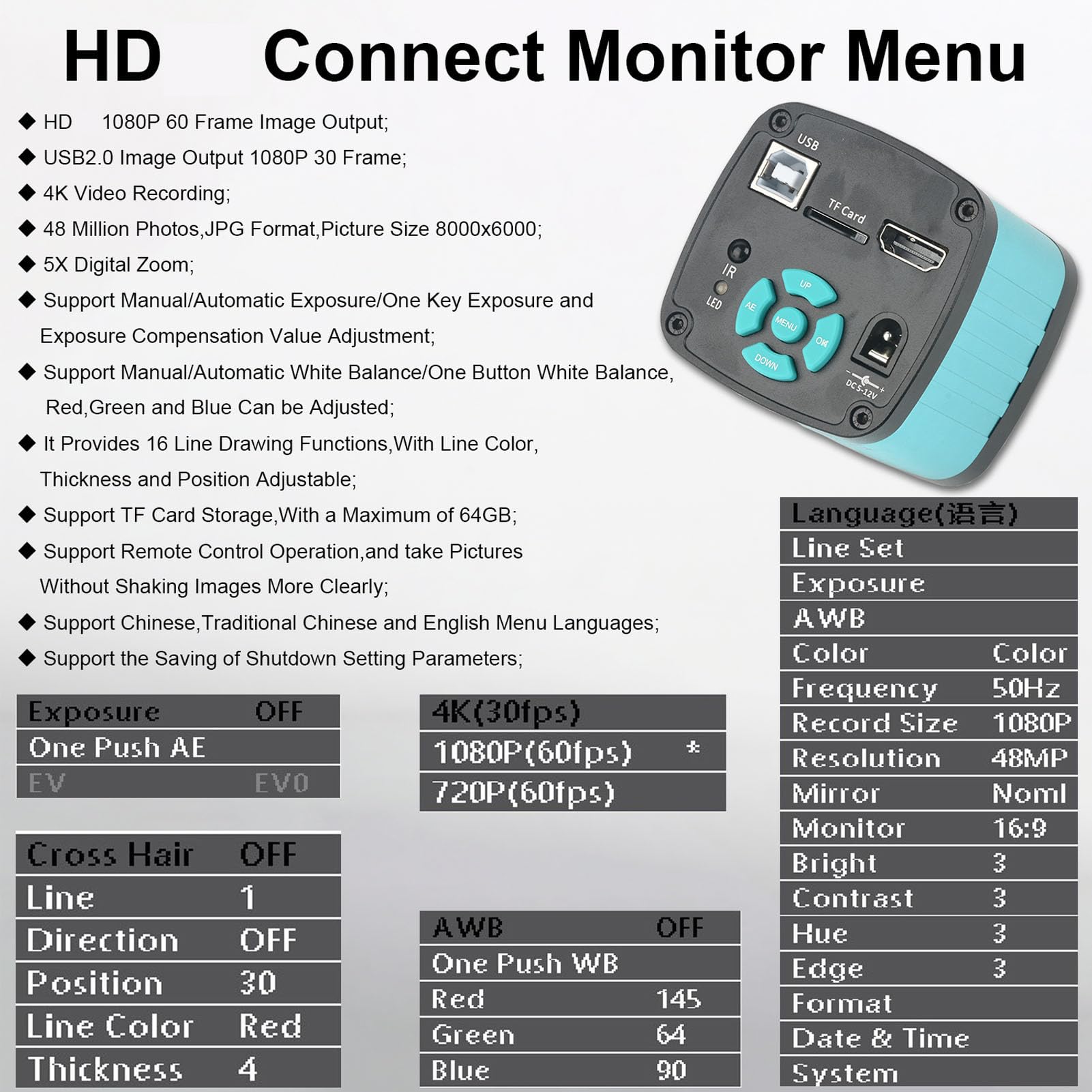 HD Microscope Camera, 100-240VAC 130X 1080P Industrial Microscope Camera Aluminum Alloy Optical Power 0.1X to 2X Lightweight 2MP for Desktop (US Plug)