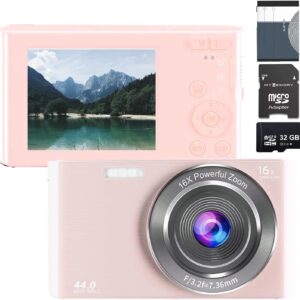 eDealz 44MP Digital Camera Compact Point and Shoot Camera with 32GB SD Card, 16X Digital Zoom, Kids Camera 2.4 Inch Screen, Vlogging Camera for Teens Students Boys Girls Seniors (Pink)