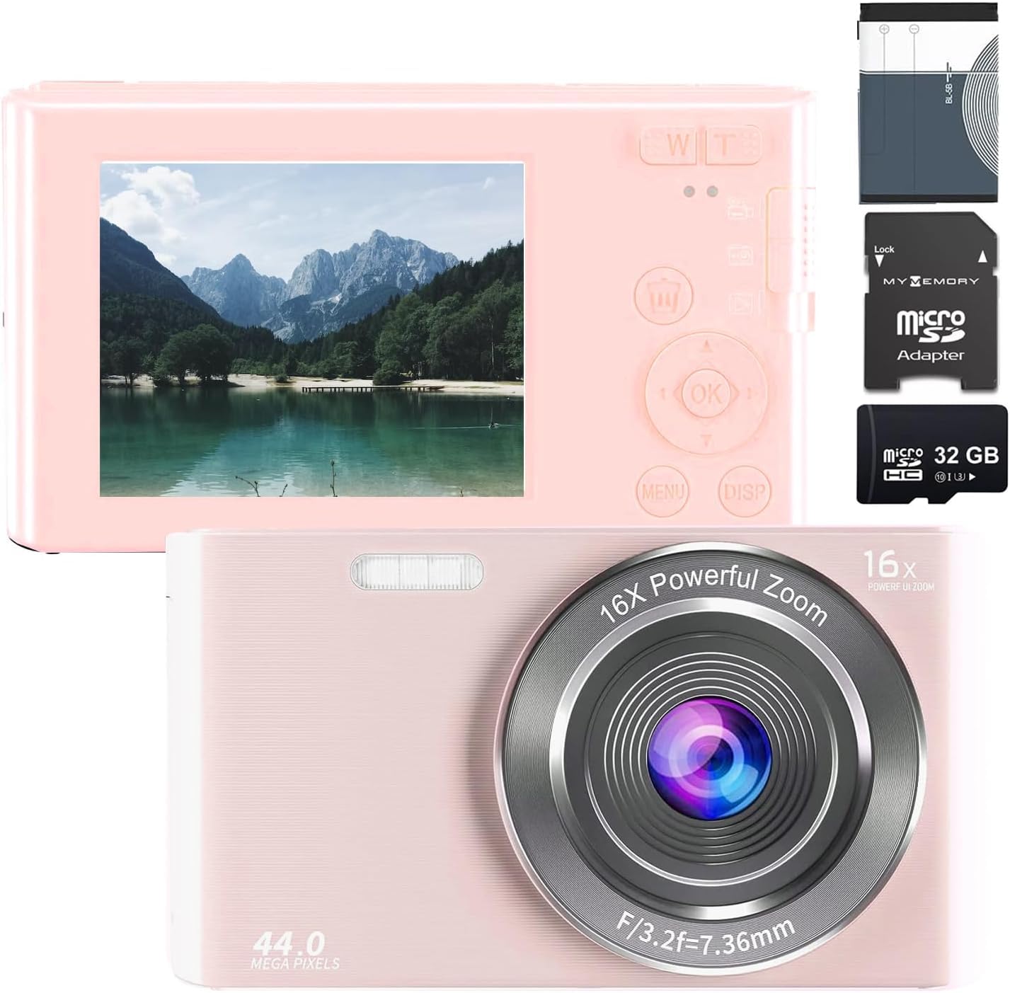 eDealz 44MP Digital Camera Compact Point and Shoot Camera with 32GB SD Card, 16X Digital Zoom, Kids Camera 2.4 Inch Screen, Vlogging Camera for Teens Students Boys Girls Seniors (Pink)