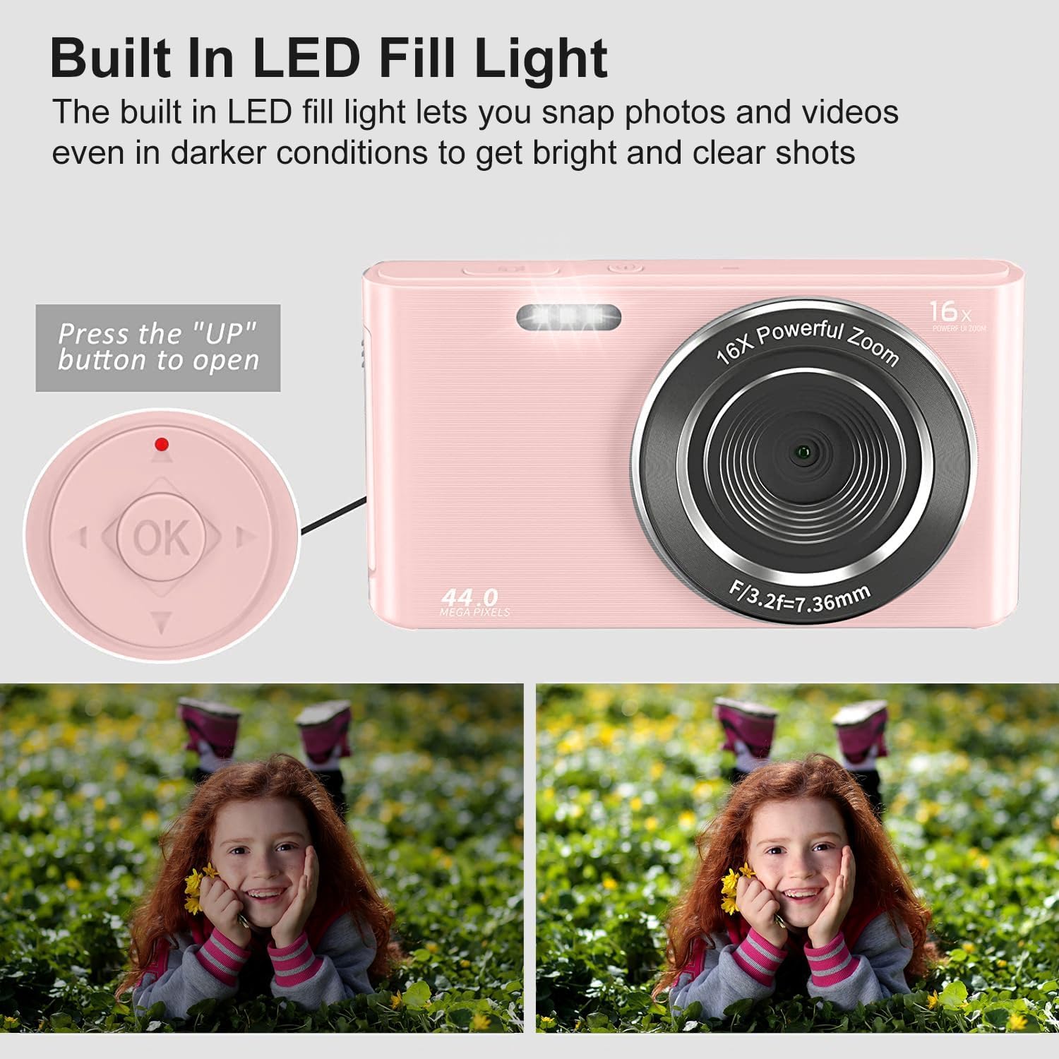 eDealz 44MP Digital Camera Compact Point and Shoot Camera with 32GB SD Card, 16X Digital Zoom, Kids Camera 2.4 Inch Screen, Vlogging Camera for Teens Students Boys Girls Seniors (Pink)