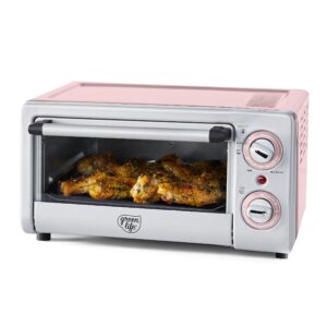 greenlife countertop stainless steel toaster oven air fryer, pfas-free, ceramic nonstick tray rack and airfry basket, dual heating, 4 slice capacity, adjustable temperature and time control, pink