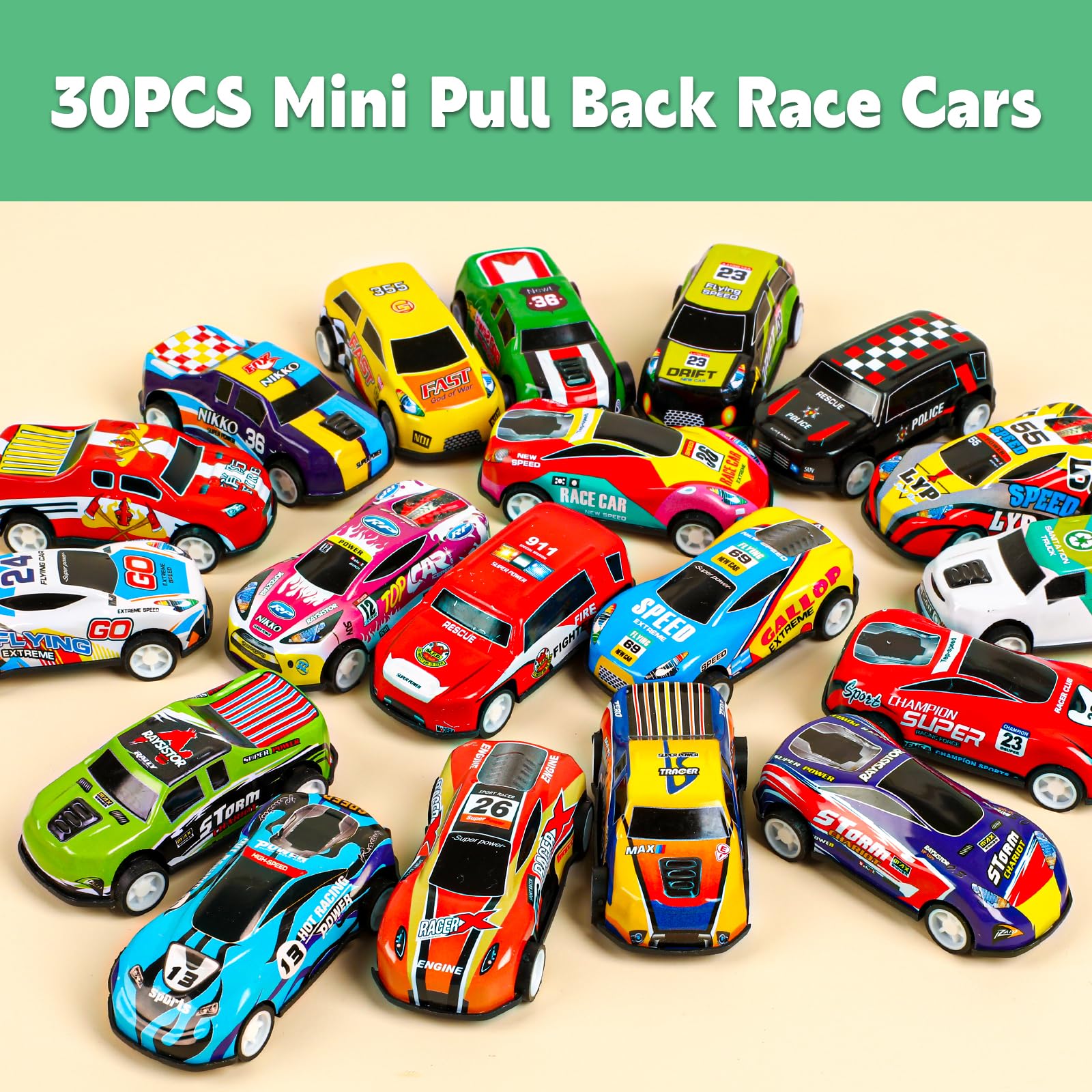 AZEN 30 Pcs Pull Back Cars Party Favors for Kids 4-8 8-12, Mini Vehicles Toy Bulk, Party Favor Race Cars Toys, Goodie Bag Stuffers for Birthday Party