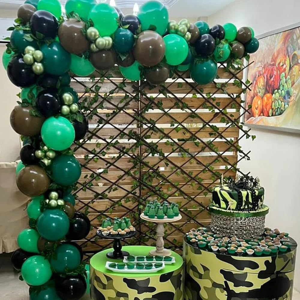 Camouflage Balloon Garland Arch Kit for Army Party Decorations,142Pcs Camo Balloons Dark Green Black Brown Balloons with Palm Leaves for Military Camo Birthday Party Hunting Camping Game Jungle Themed