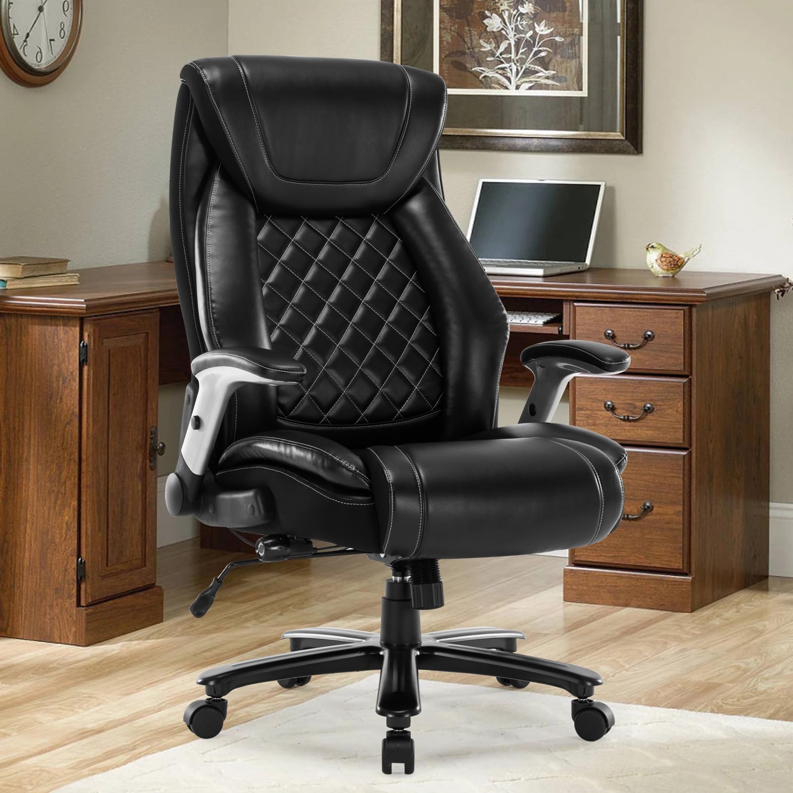 Seevoo Big and Tall Office Chair 400LBS High Back Executive Chair Computer Chair- Adjustable Lumbar Support with Flip-Up Arms Large Desk Swivel Chair with Heavy Duty Metal Base,Black