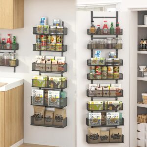 over the door pantry organizer 8-tier adjustable tiers hanging & wall mount spice rack,metal sheet behind the door detachable storage shelf,8 adjustable baskets with 4 sizes & small mesh for kitchen