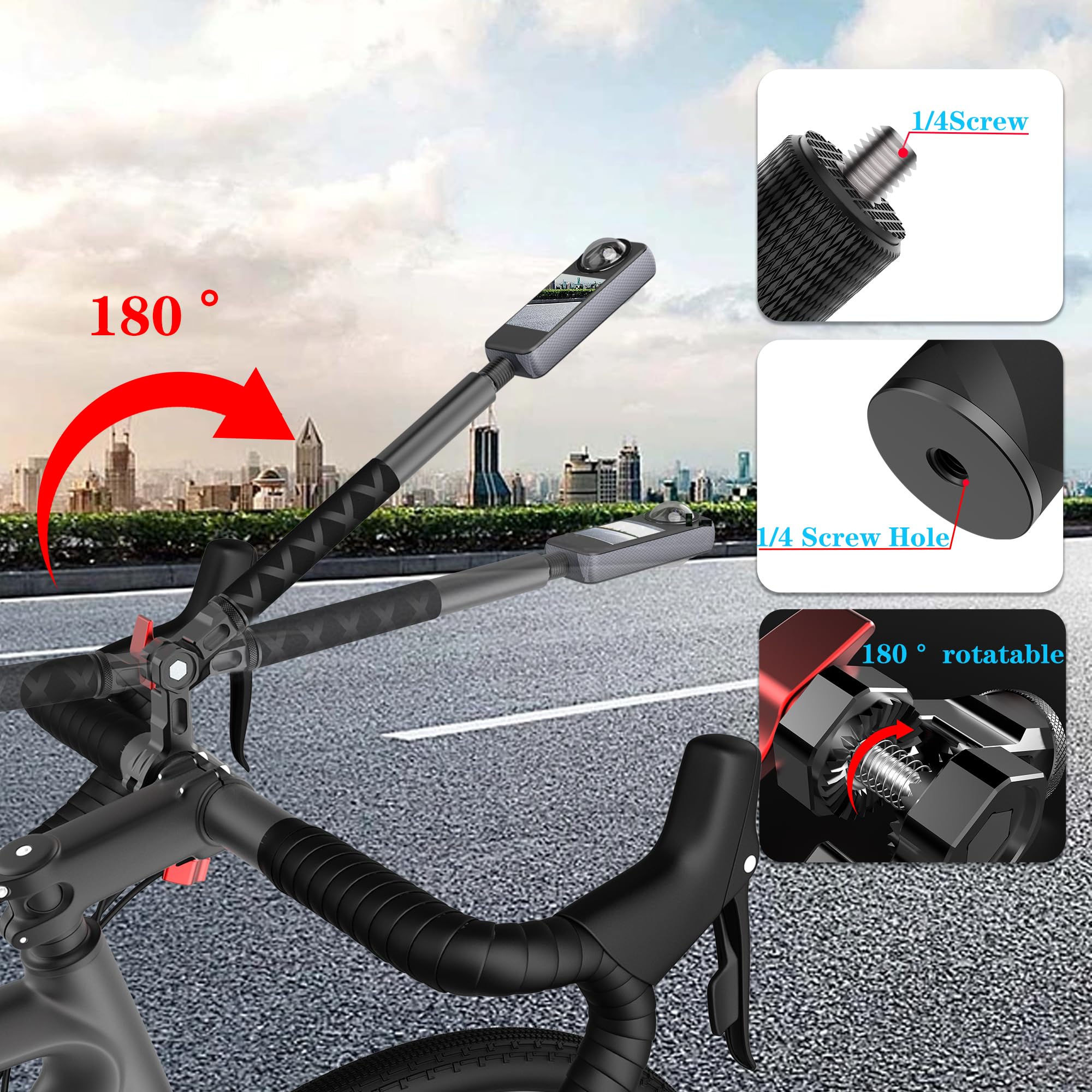 Motorcycle Bike Selfie Stick Handlebar Mount for Insta360,Motorcycle Clamp Mount Selfie Stick for Insta360 X4 X3 X2 X ONE RS R,GoPro,Perfect for Cycling Videos,Third-Person Bike Handlebar Mount Camera