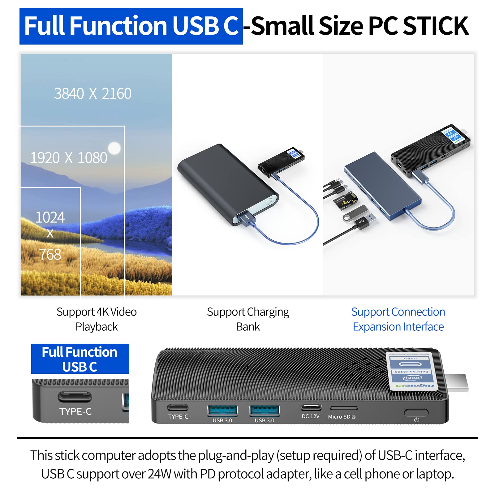 HIGOLEPC Mini PC Windows 11 Pro Celeron J4125 8GB/128GB,Micro Computer Stick PC USB PD3.0 and HDMI 4K Gigabit Ethernet,WiFi 6.0,BT 5.2, Mini Computer on Business Office Media Home