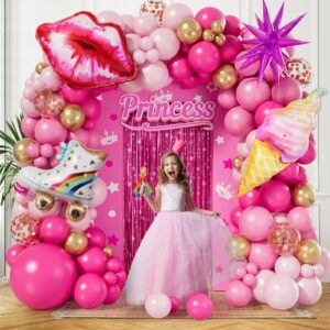 128 pcs hot pink balloon arch kit, metallic gold star confetti balloons for barbie theme princess party birthday girl baby shower anniversary wedding valentines day graduation decorations