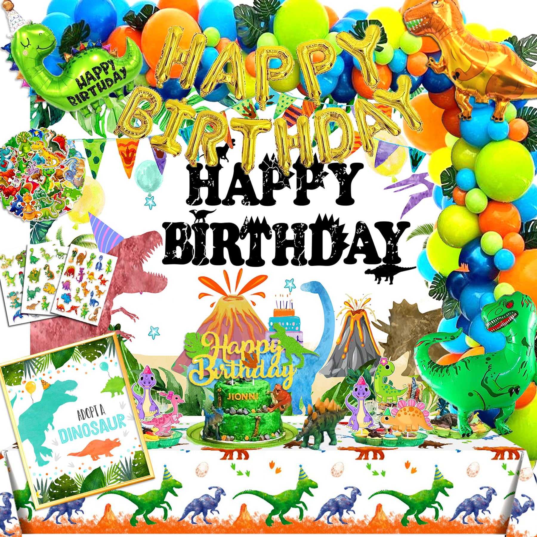 115pcs Dinosaur Birthday Party Decorations Supplies Boy, Dinosaur Cake Topper,Dinosaur Balloons Kit,Dinosaur Cupcake Toppers Backdrop for Dinosaur Party Decorations Favors, Dino Themed Birthday Party