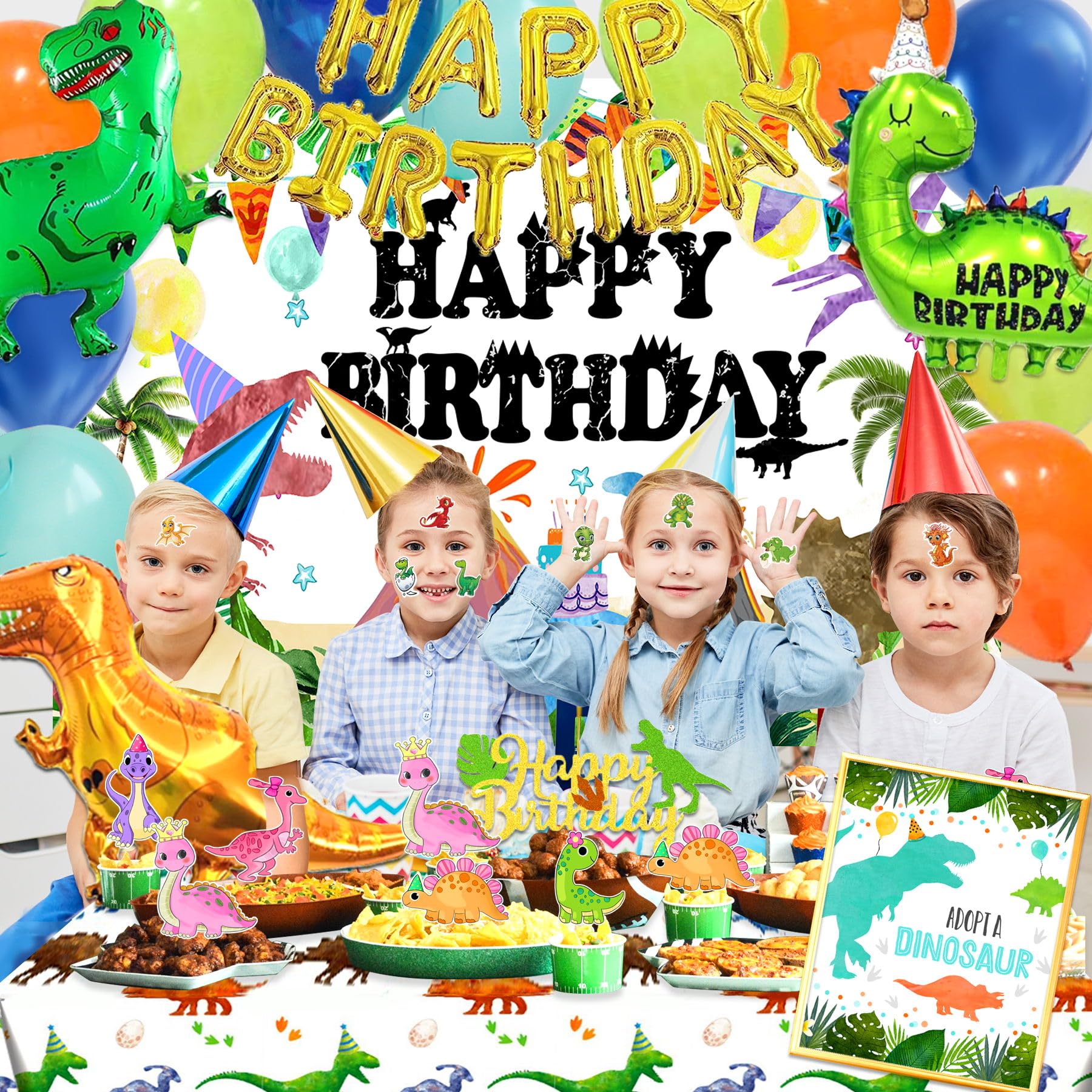 115pcs Dinosaur Birthday Party Decorations Supplies Boy, Dinosaur Cake Topper,Dinosaur Balloons Kit,Dinosaur Cupcake Toppers Backdrop for Dinosaur Party Decorations Favors, Dino Themed Birthday Party