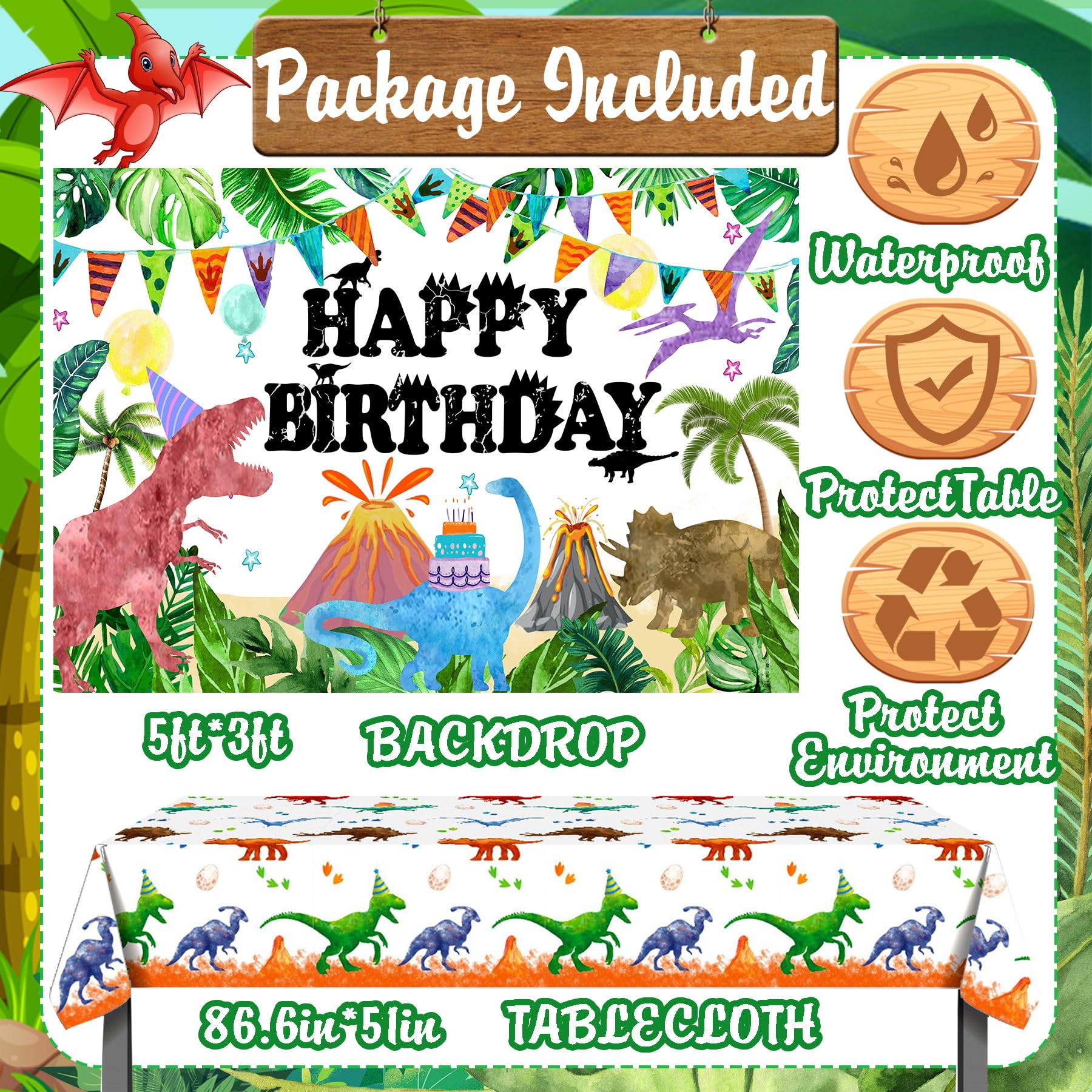 115pcs Dinosaur Birthday Party Decorations Supplies Boy, Dinosaur Cake Topper,Dinosaur Balloons Kit,Dinosaur Cupcake Toppers Backdrop for Dinosaur Party Decorations Favors, Dino Themed Birthday Party