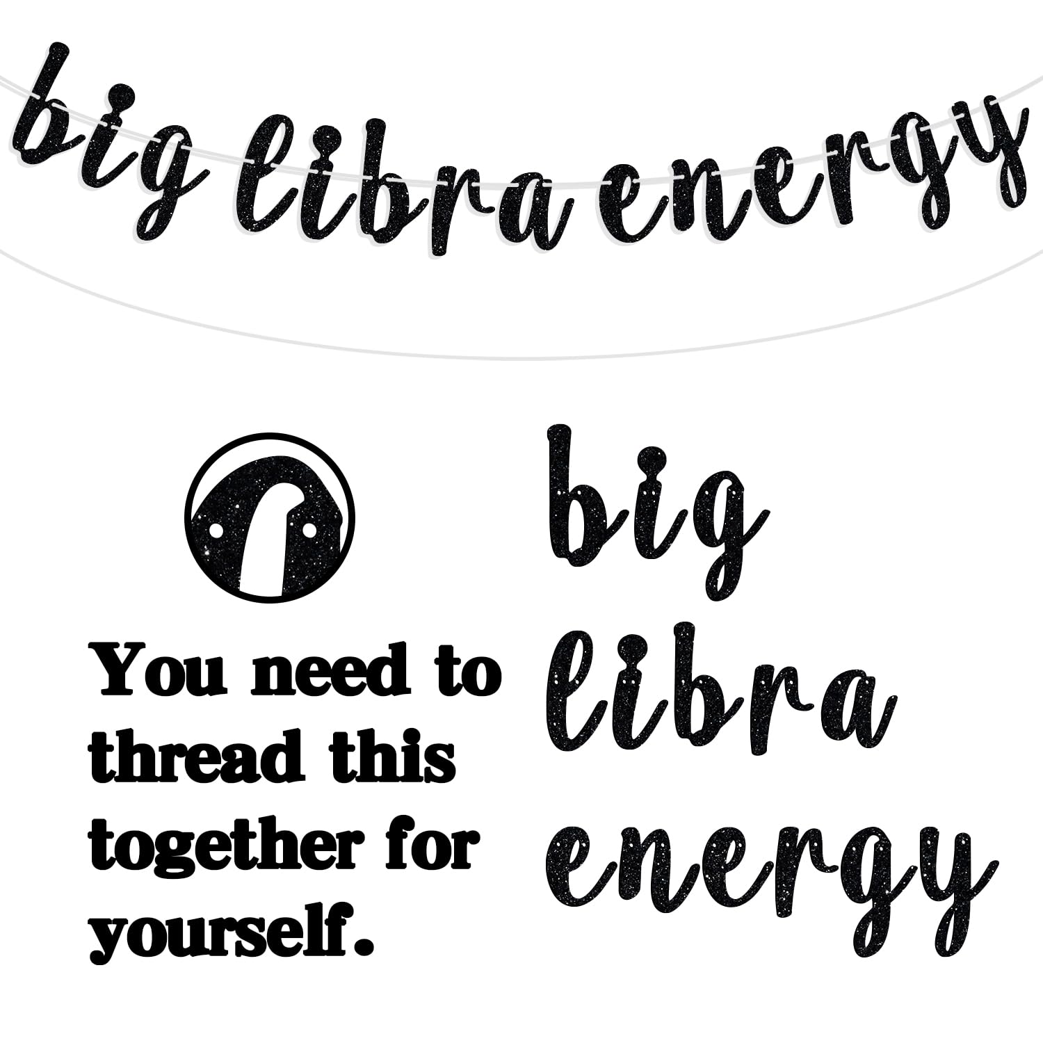 Big Libra Energy Banner, Happy Birthday Libra Bunting Sign, 12 Constellation Zodiac Theme Birthday Party Decorations Supplies for Boy and Girl, Black Glitter