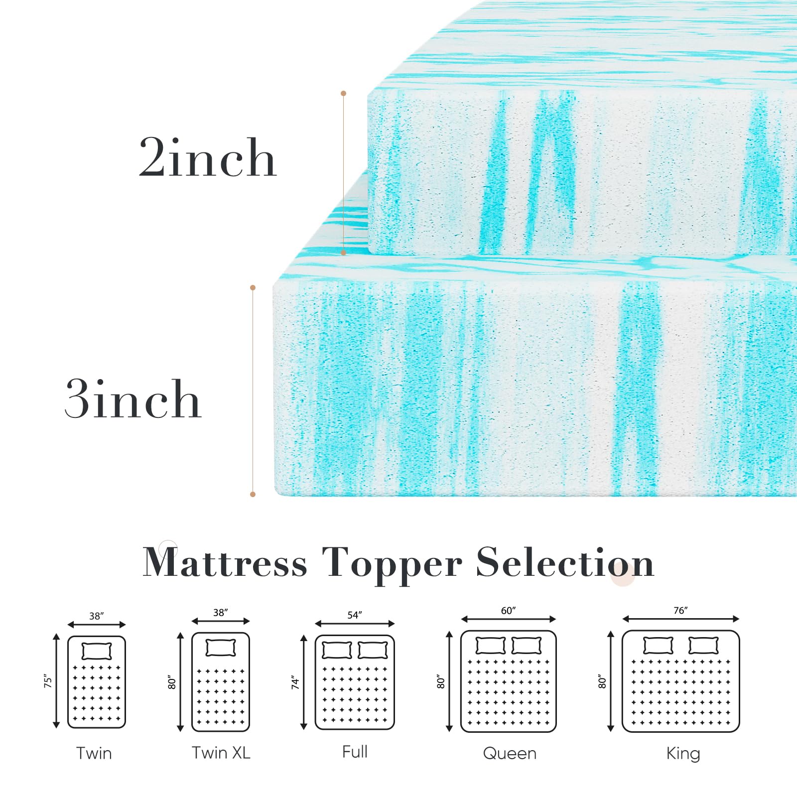 DUMOS 2 Inch Gel Memory Foam Mattress Topper Twin - Cooling, Breathable Blue