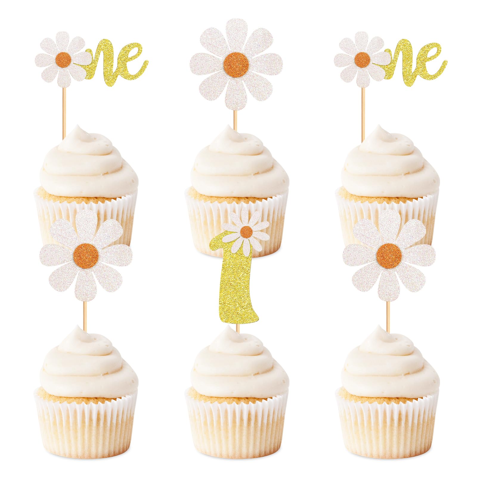 Keaziu 24 Pack Daisy One Cupcake Toppers For 1st Birthday Daisy Birthday Party Decor Boho Groovy Daisy First Birthday One Year Old Baby Shower Hippie Party Favors Supplies 1-1