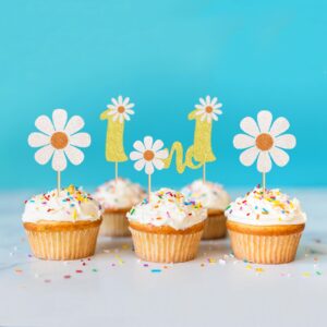 Keaziu 24 Pack Daisy One Cupcake Toppers For 1st Birthday Daisy Birthday Party Decor Boho Groovy Daisy First Birthday One Year Old Baby Shower Hippie Party Favors Supplies 1-1