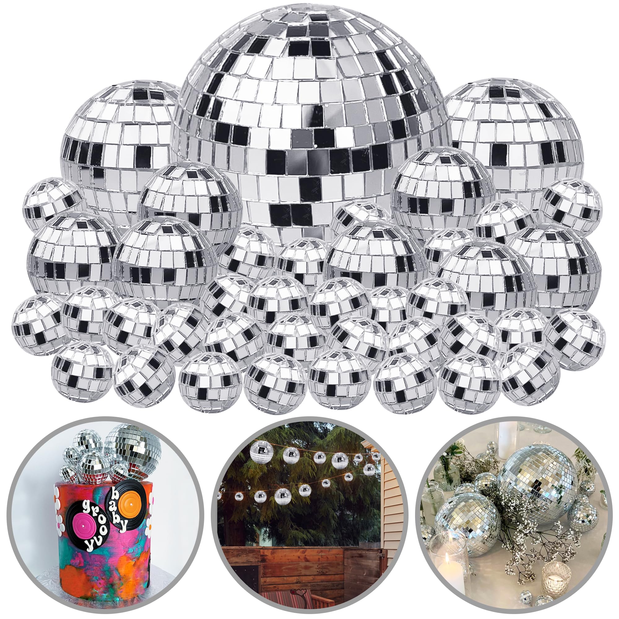 45 PCS 0.78Inch 1.57Inch 2.36Inch 3.54Inch Disco Ball Cake Decoration Ornaments Reflective Mirror Ball Cake Decoration 70s Disco Themed Party Decoration for Christmas Tree Dance Music