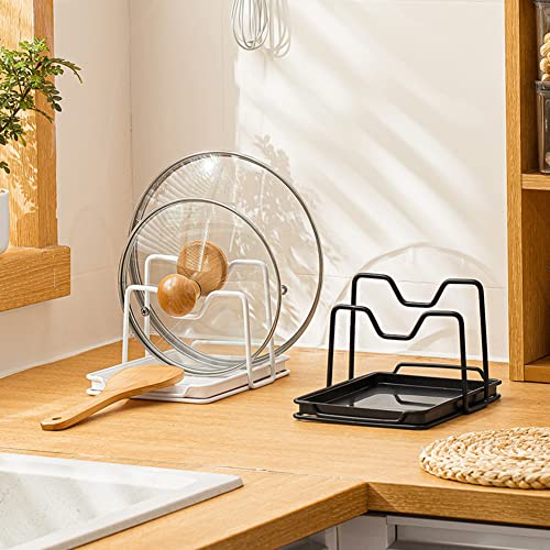 Elvaesther Pot Lid Holder, Lid and Spoon Rest Rack with Drip Tray for Pot Lids, Countertop Storage Rack, Cutting Board Rack for Spatula Spoon Pot Cover Chopping Board Black