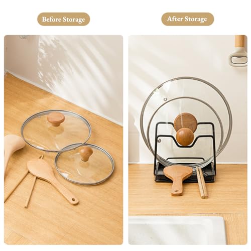 Elvaesther Pot Lid Holder, Lid and Spoon Rest Rack with Drip Tray for Pot Lids, Countertop Storage Rack, Cutting Board Rack for Spatula Spoon Pot Cover Chopping Board Black