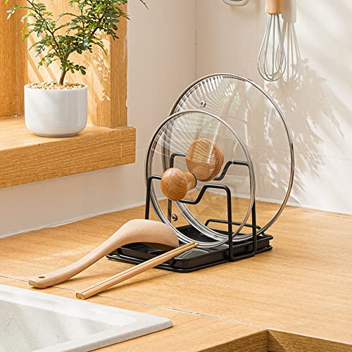 Elvaesther Pot Lid Holder, Lid and Spoon Rest Rack with Drip Tray for Pot Lids, Countertop Storage Rack, Cutting Board Rack for Spatula Spoon Pot Cover Chopping Board Black