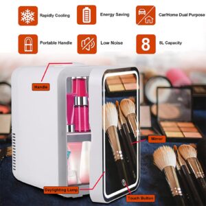 GaRcan Mini Fridge With Led Lights, With Led Mirror, 8L Capacity Skin Care Refrigerator, Hot And Cold, Car And Home Dual Use Skincare Fridge, For Refrigerating Makeup And Food,White (Pink)