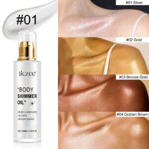 Body Shimmer Oil,Long Lasting Shimmer Body Oil,Face Brighten Glows Highlighters & Luminizers Body Makeup Shine Oil,Body Oils for Face & Body (Silver)