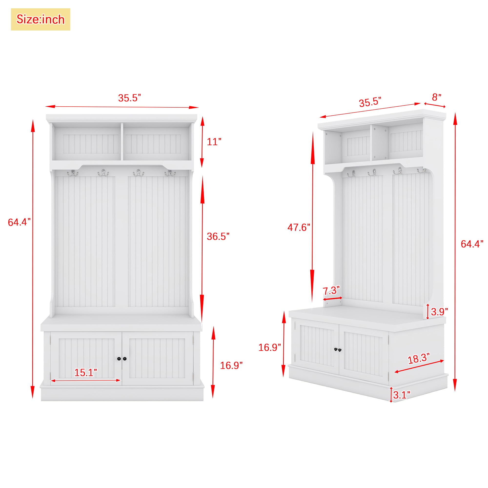 Polibi 64.4" Hall Tree with Top Shelves and Storage Bench Cabinet, Wood Storage Bench with 4 Hooks for Entryway, Living Room and Bedroom, White