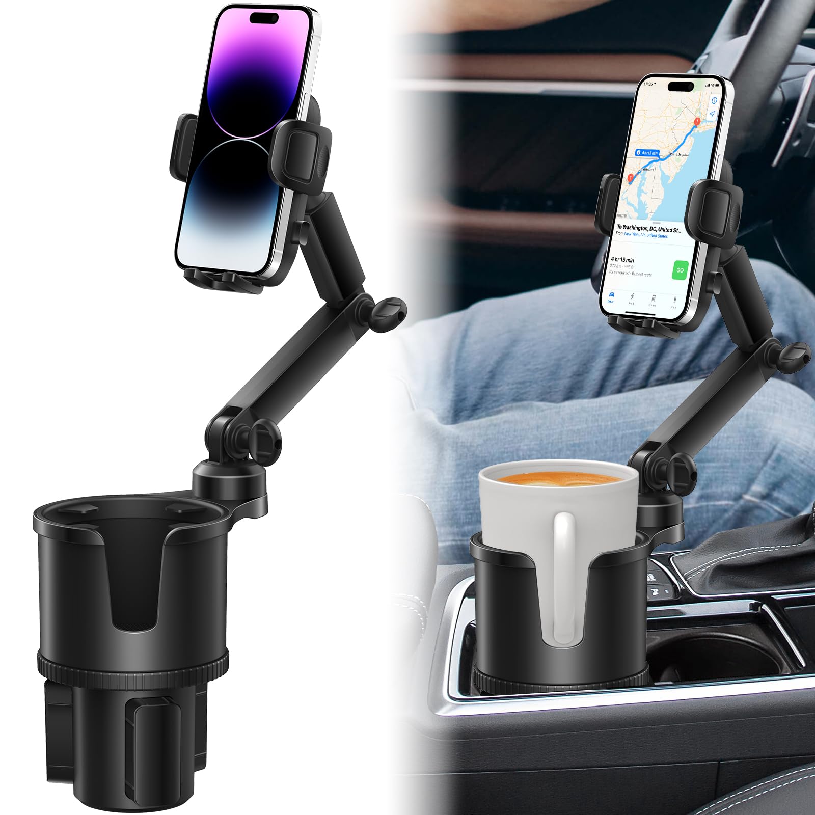 Cup Holder Phone Mount for Car with Expandable Base, 2-1 Universal Multi Cup Phone Holder Expander with Rubber for Drink Bottles, Mugs and Phone Fits All Cellphone