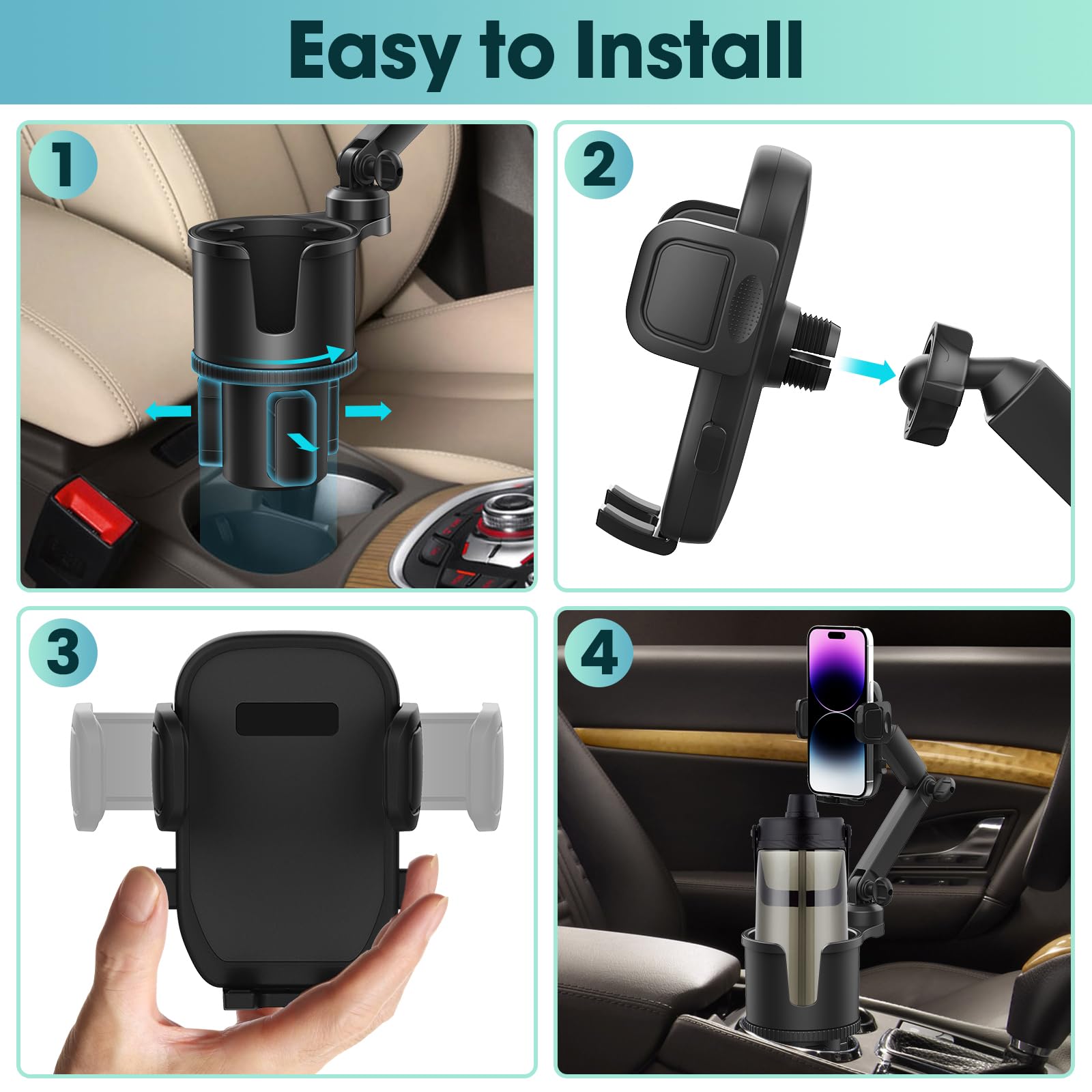 Cup Holder Phone Mount for Car with Expandable Base, 2-1 Universal Multi Cup Phone Holder Expander with Rubber for Drink Bottles, Mugs and Phone Fits All Cellphone