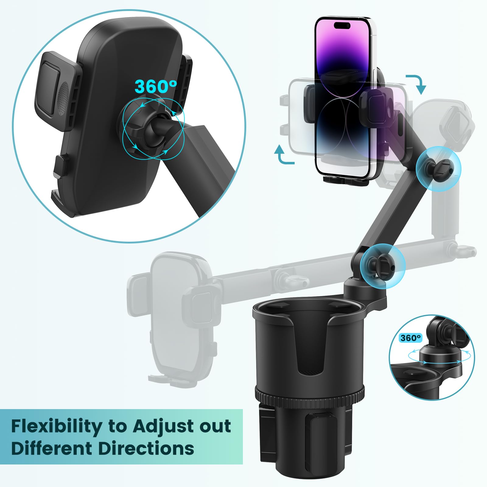 Cup Holder Phone Mount for Car with Expandable Base, 2-1 Universal Multi Cup Phone Holder Expander with Rubber for Drink Bottles, Mugs and Phone Fits All Cellphone