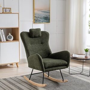 Rocking Chair for Baby Nursery, Comfy Small Rocker with Neck Rest and Pocket, Modern Upholstered Accent High Back Armchair for Living Room, Bedroom, and Office (Dark Green)