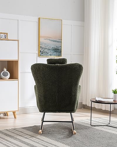 Rocking Chair for Baby Nursery, Comfy Small Rocker with Neck Rest and Pocket, Modern Upholstered Accent High Back Armchair for Living Room, Bedroom, and Office (Dark Green)