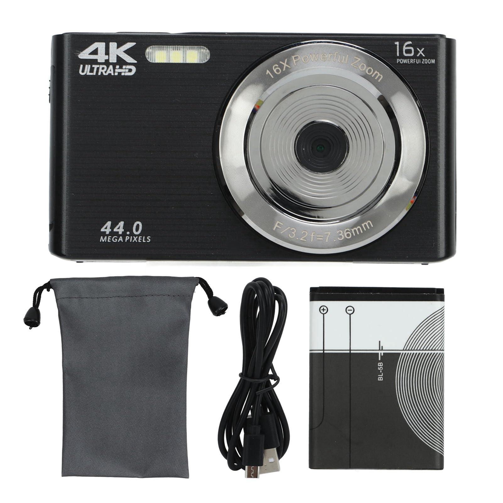 16X Digital Zoom Camera, Portable 2.8 Inch Screen 44MP 4K HD (Black)