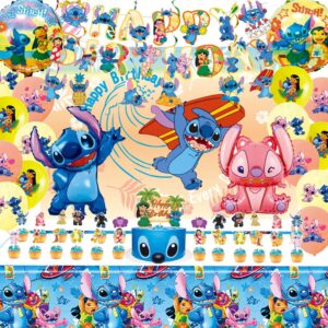 stitch birthday decorations, stitch party supplies include banner, ballons, tablecloth, backdrop, cake toppers, hanging swirls, cute lilo party decorations for birthday party