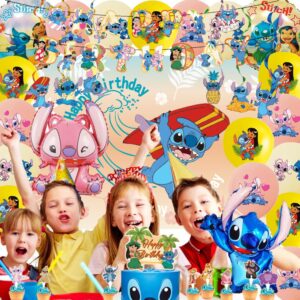 Stitch Birthday Decorations, Stitch Party Supplies Include Banner, Ballons, Tablecloth, Backdrop, Cake Toppers, Hanging Swirls, Cute Lilo Party Decorations for Birthday Party