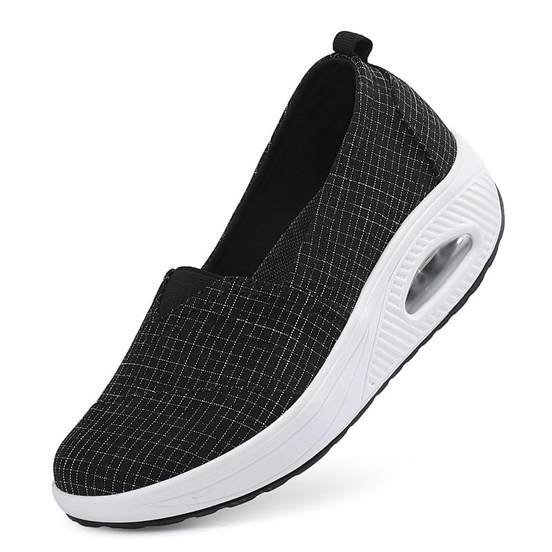 Womens Orthopedic Sneakers, Women Walking Shoes Air Cushion Slip On Canvas Sneaker (Black,US-6)