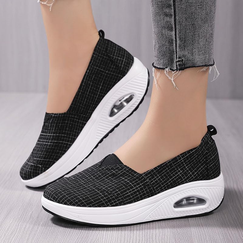 Womens Orthopedic Sneakers, Women Walking Shoes Air Cushion Slip On Canvas Sneaker (Black,US-6)