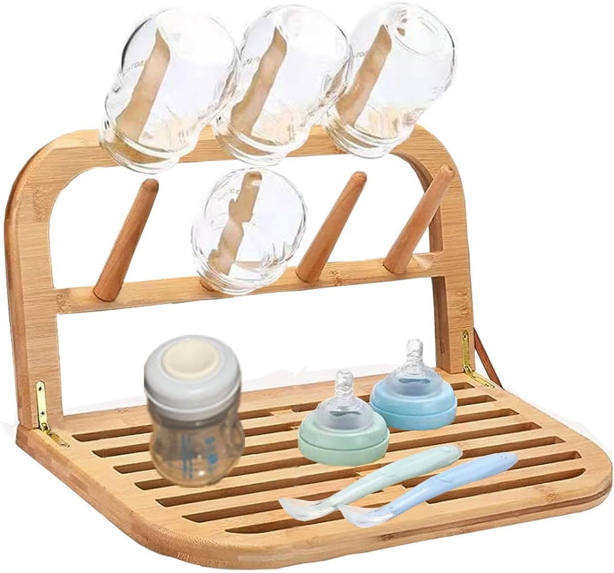 Eforwest Baby Bottle Countertop Drying Rack Bamboo,Space Saving Kitchen Drying Rack & Bottle Holder for Nipples, Cups, Pump Parts, Accessories, Reusable Ziplock and Freezer Bag Dryer Rack